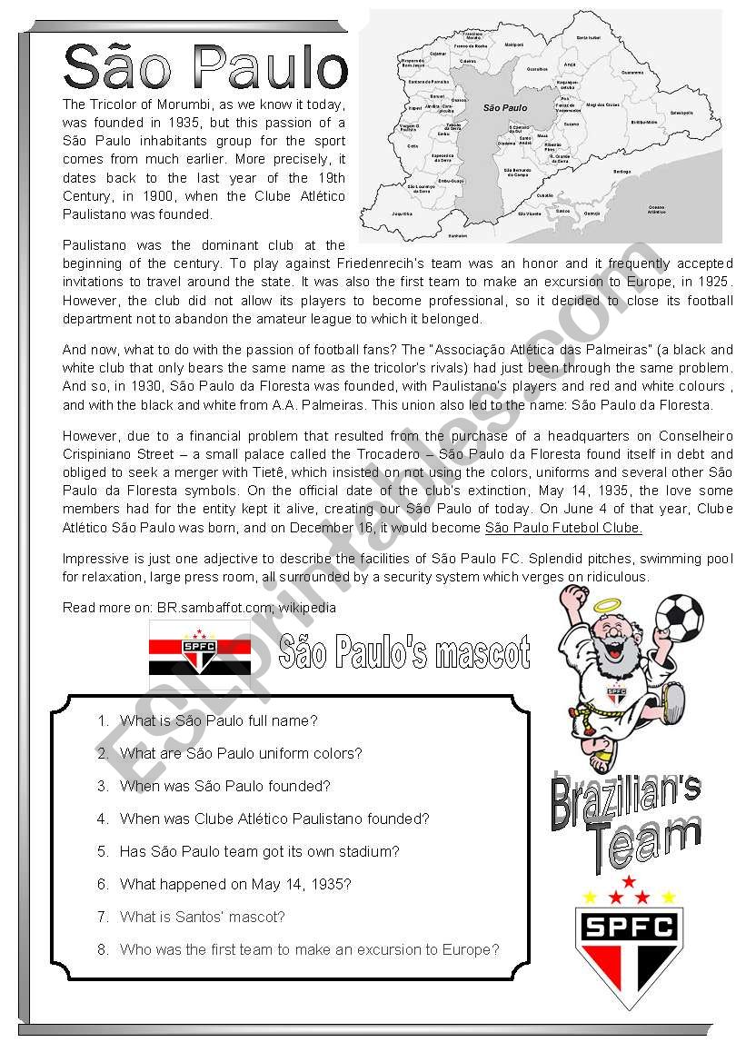 Brazilian Teams - São Paulo - ESL worksheet by procei