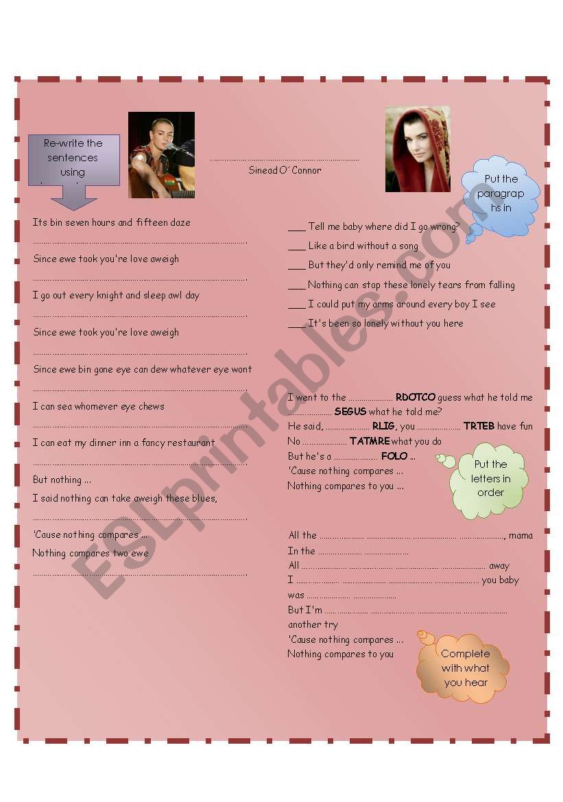 Song: Nothing compares to you (Sinead O´Connor) - ESL worksheet by tesea