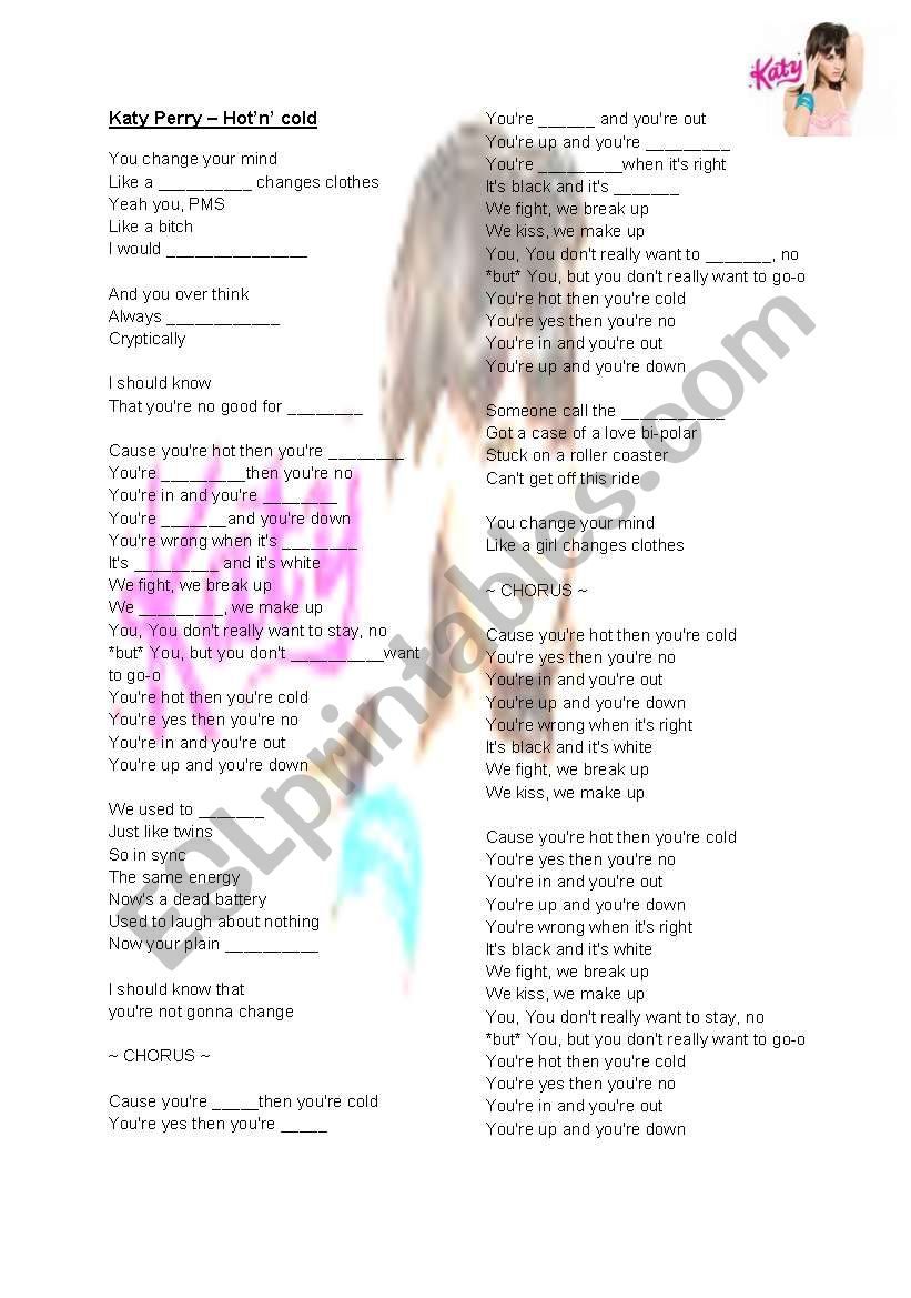 Katy Perry - Hot´n´Cold - ESL worksheet by sportcat