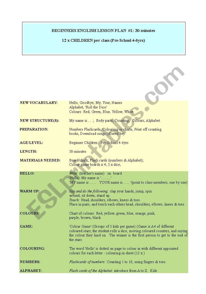 English worksheets: Lesson Plan for Beginner Children - ABC´s, Numbers ...