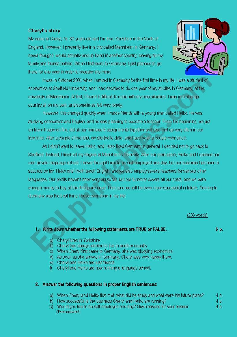 Text and Reading Comprehension: Cheryl´s story - multiple choice and ...