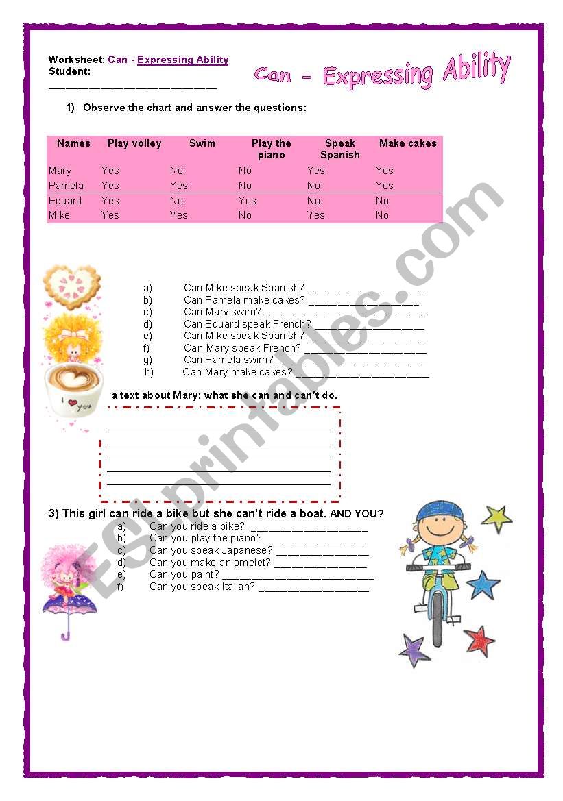 CAN / CAN´T - Expressing Ability - ESL worksheet by Dini