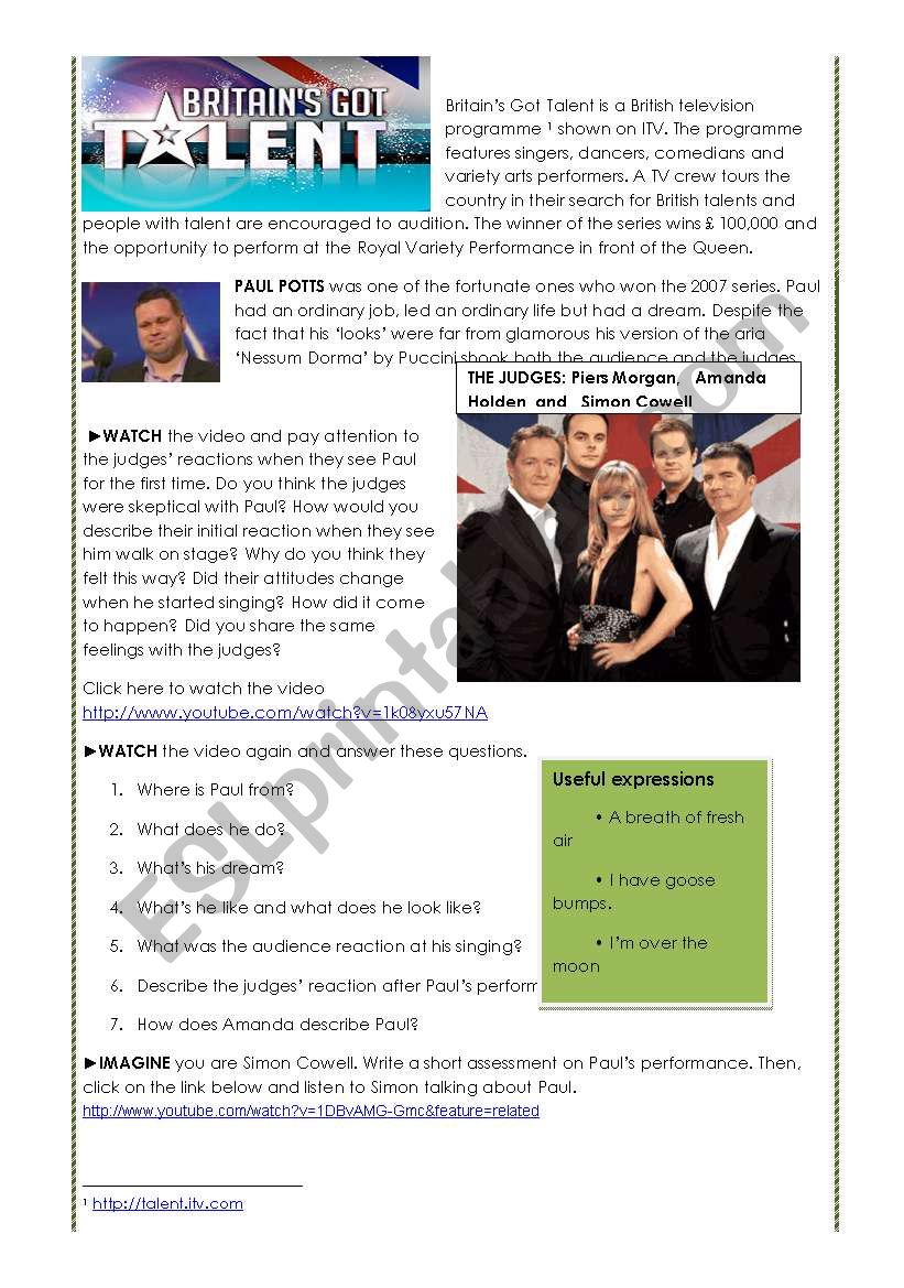 YouTube: Britain´s Got Talent - ESL worksheet by tramia