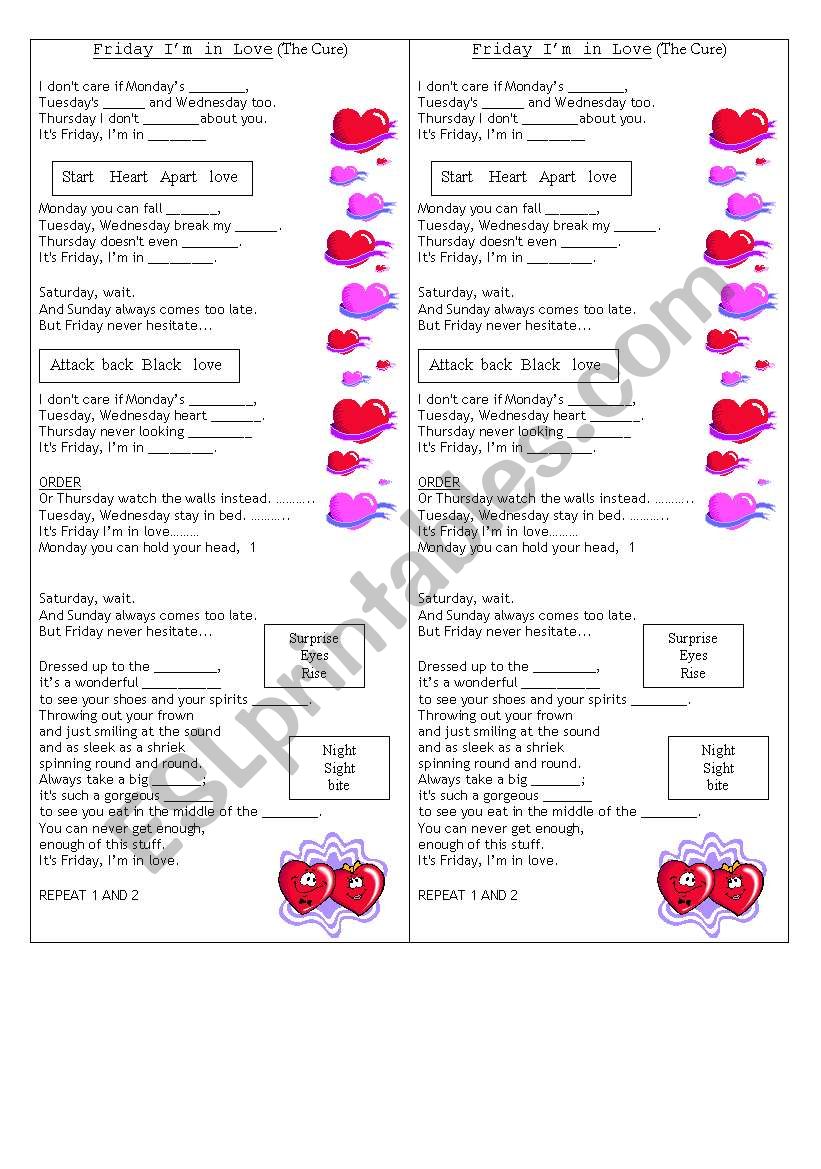 Friday I´m in Love song - ESL worksheet by averitope