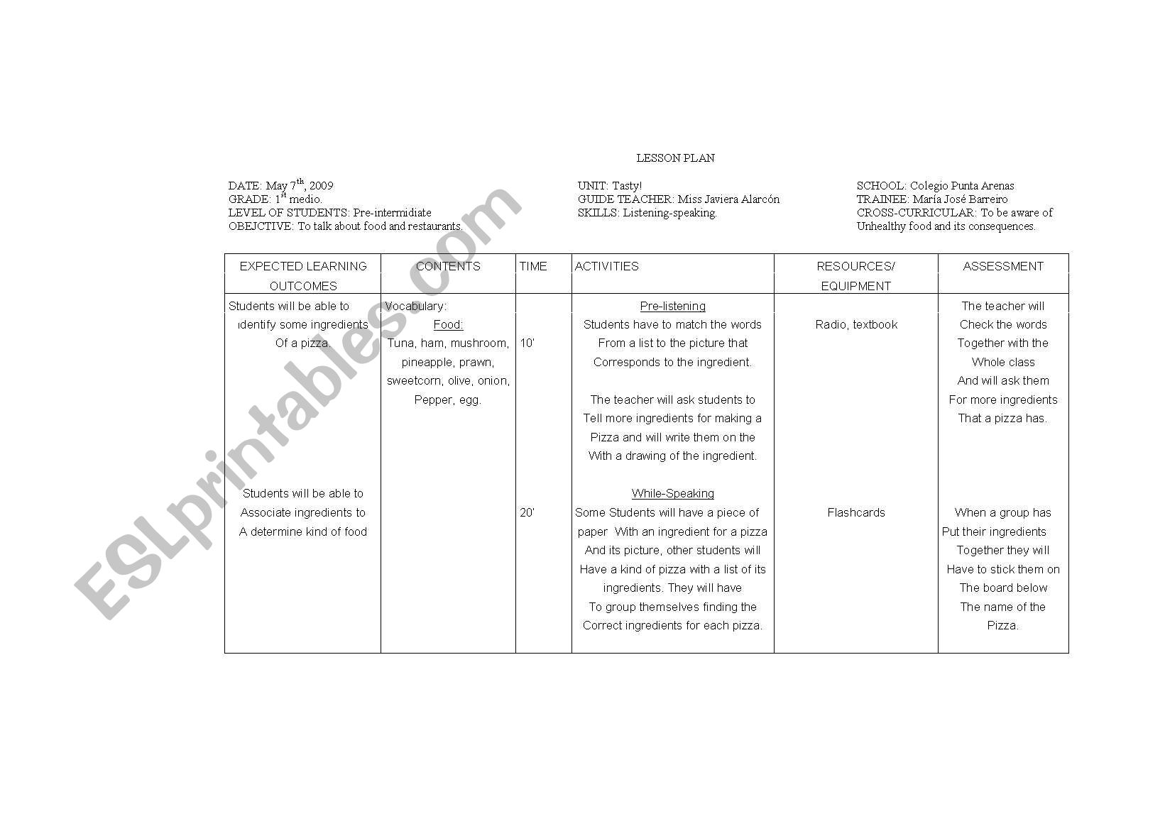 English worksheets: Lesson Plan Let´s make a pizza!
