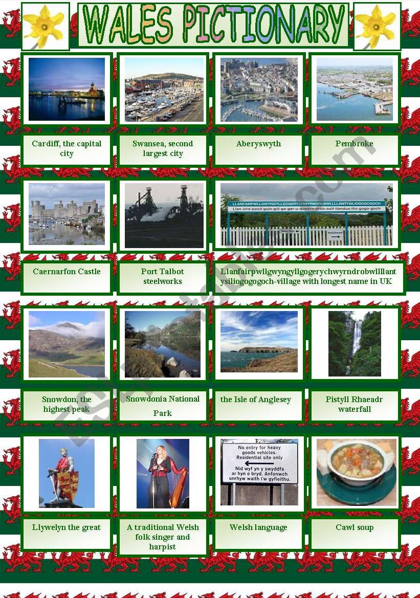 Wales pictionary plus written practice of the attractions´names - ESL ...