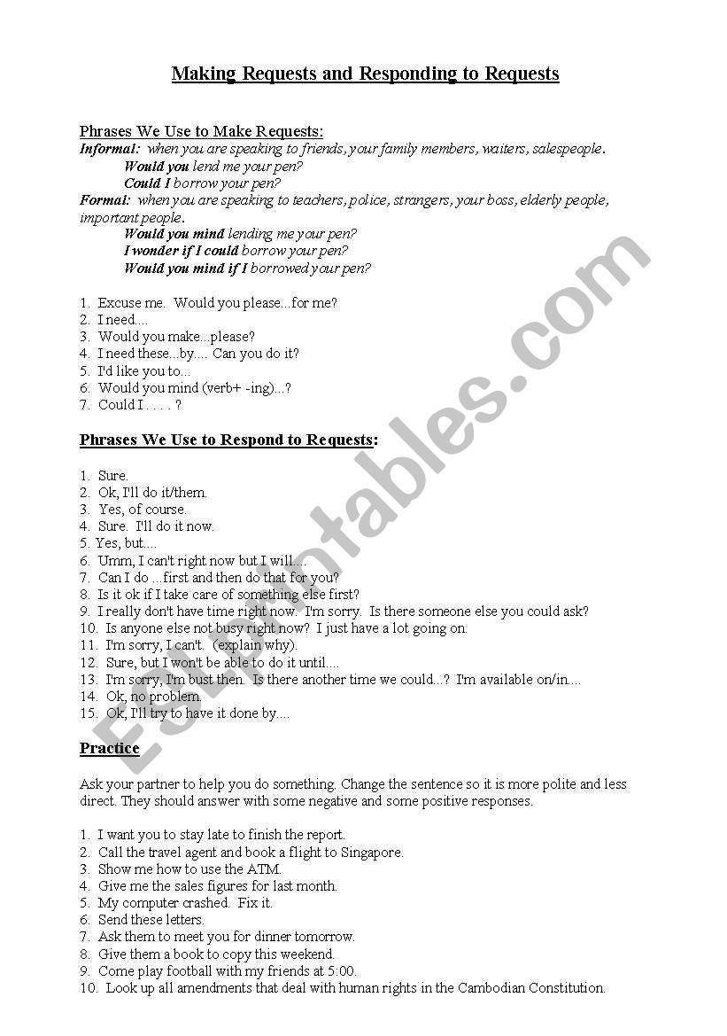 Making and Responding to Requests - ESL worksheet by T--Cher Making and Responding to Requests - ESL worksheet by T--Cher