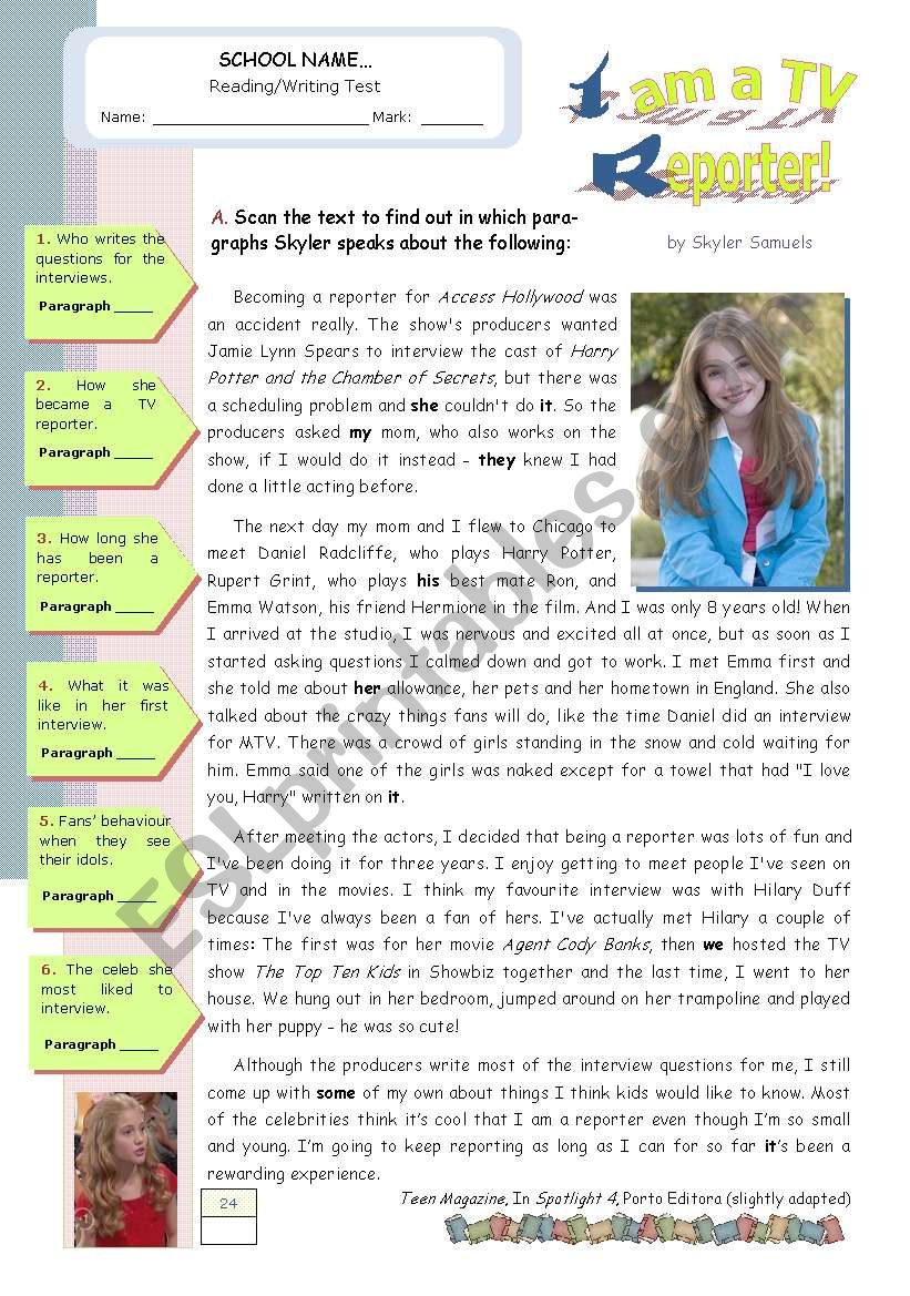 "I´m a TV Reporter!" - Reading Test for Intermediate students - ESL ...