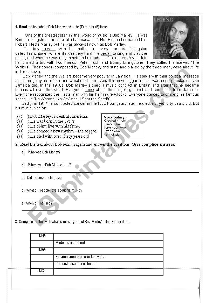 Bob Marley´s life and simple past tense - ESL worksheet by lulubatista