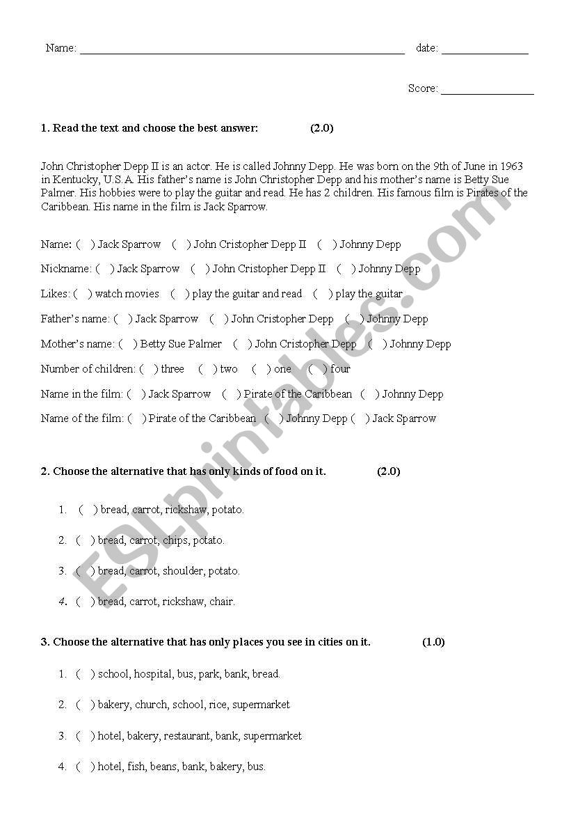 An easy test for 3º grades - ESL worksheet by Ritanilo