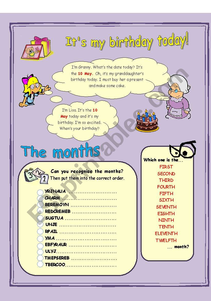 It´s my birthday today! MONTHS & ORDINAL NUMBERS (2/1) - ESL worksheet ...