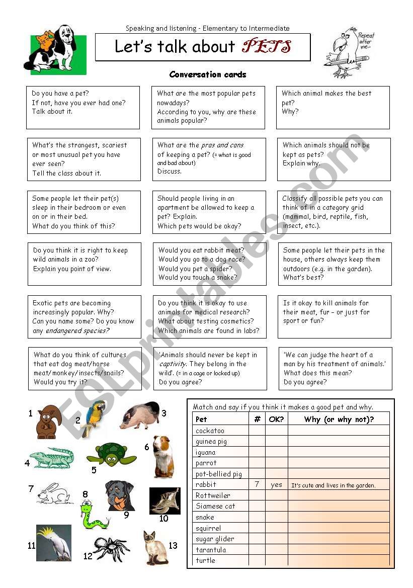 Let´s talk about PETS - ESL worksheet by PhilipR