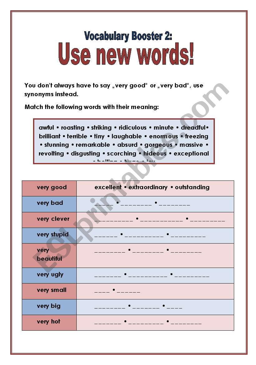 Vocabulary booster 2 - Synonyms - You don´t always have to say "very ...