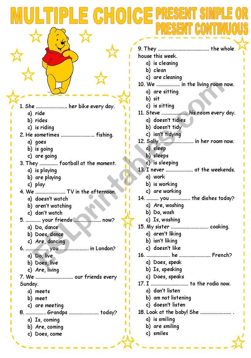 MULTIPLE CHOICE 3 PRESENT SIMPLE OR PRESENT CONTINUOUS ESL 