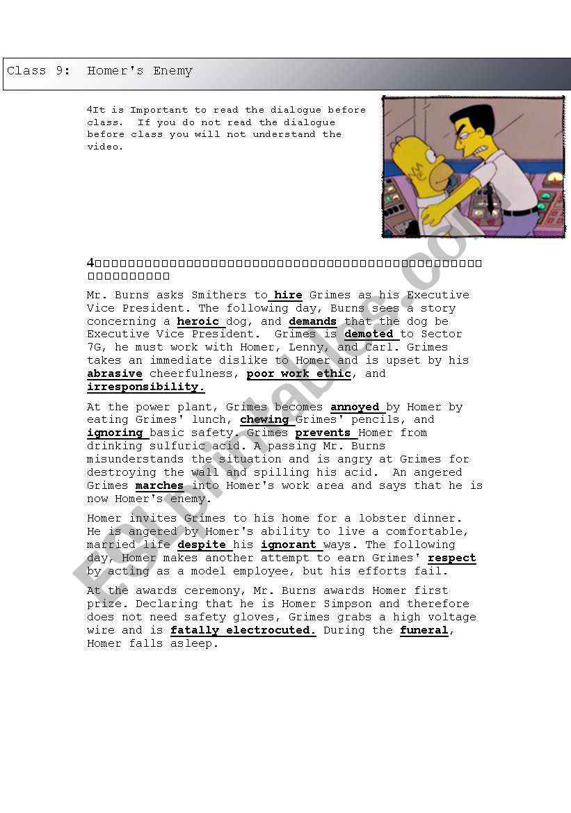 Simpsons:Homer´s enemy - ESL worksheet by psrates