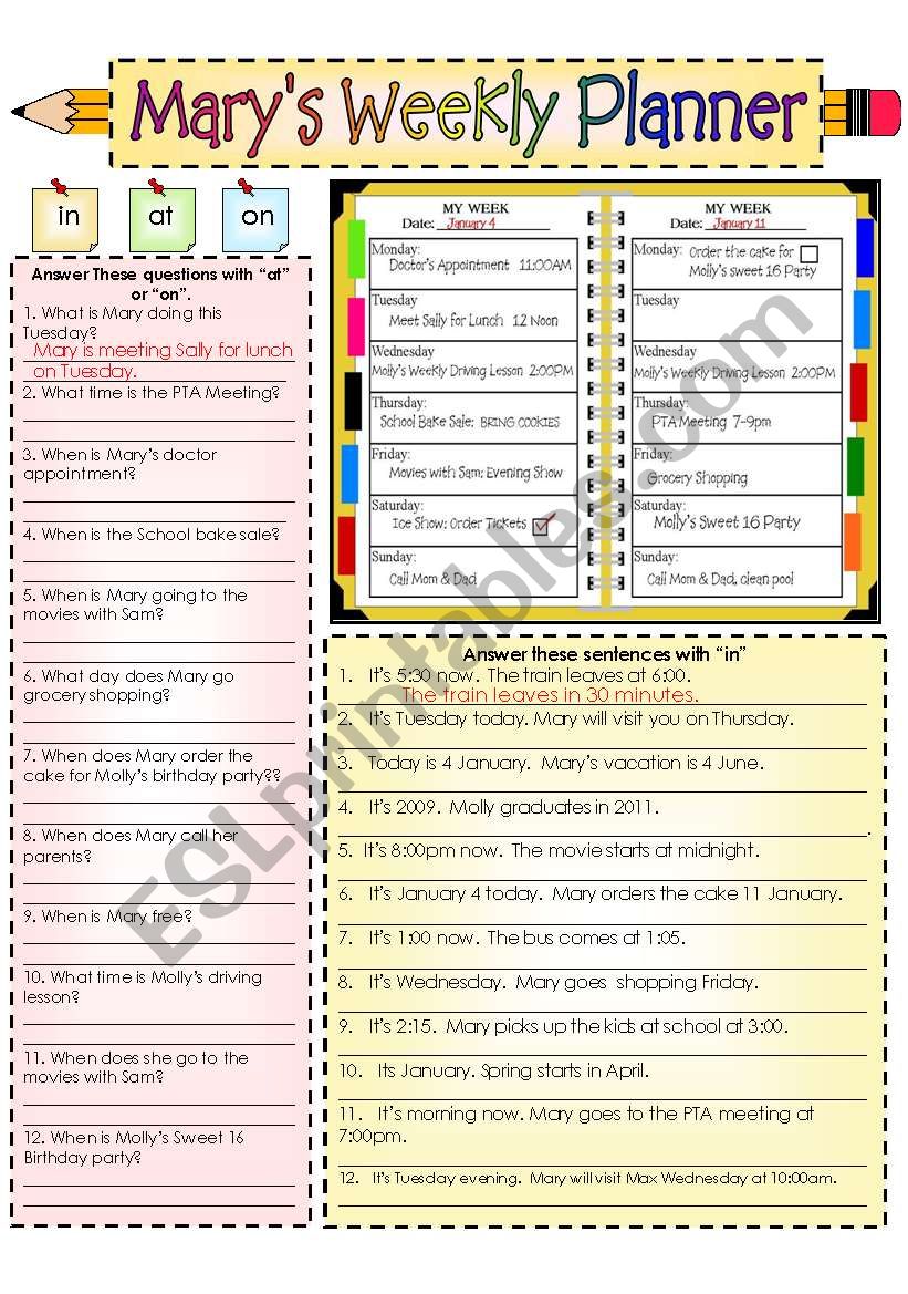 Mary´s Weekly Planner - ESL worksheet by susiebelle