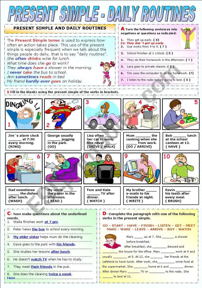 PRESENT SIMPLE DAILY ROUTINES ESL Worksheet By Katiana