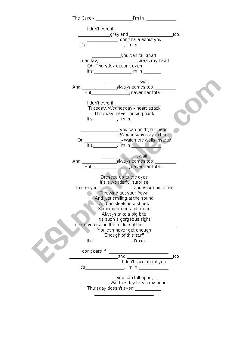 English worksheets: The Cure-Friday I´m in love lyrics gapped