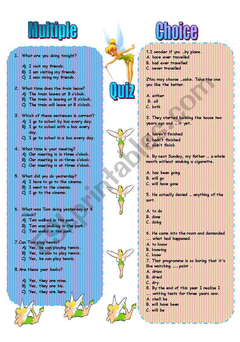 Tinker Bell´s Multiple Choice Quiz - ESL worksheet by georgya