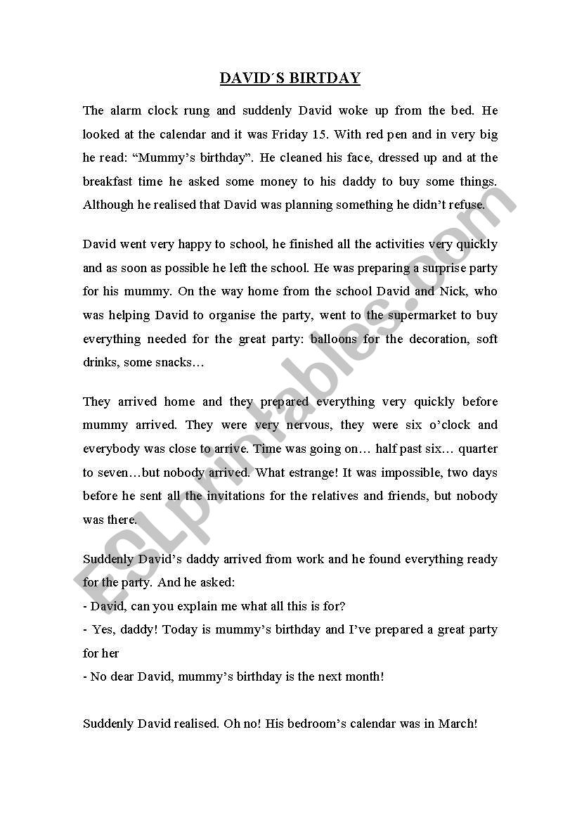 DAVID´S BIRTHDAY - ESL worksheet by yosoyjune