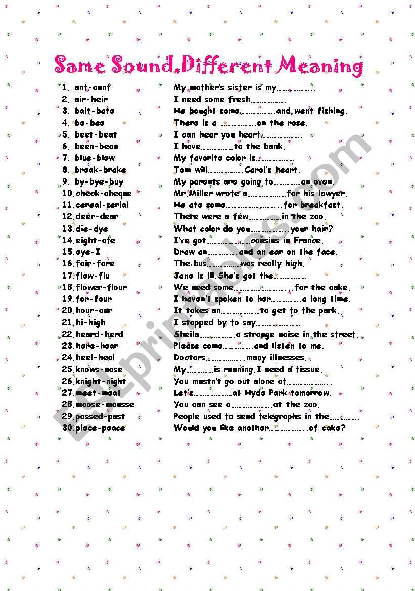 Same Pronunciation Different Meaning ESL Worksheet By Rose95