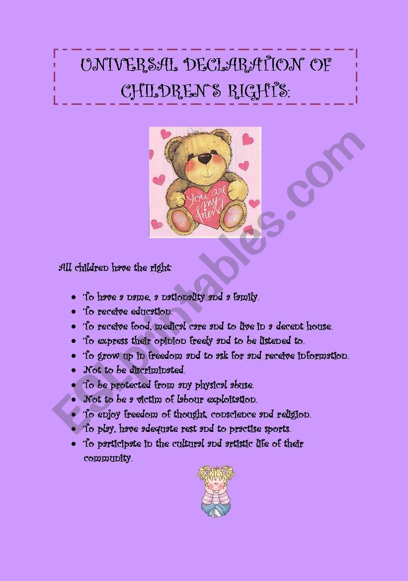 UNIVERSAL DECLARATION OF CHILDREN`S RIGHTS - ESL worksheet by alaugarcia