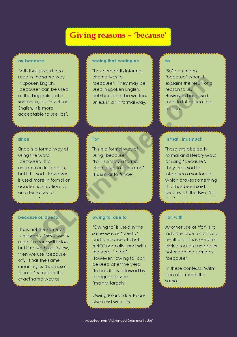 Giving Reasons, using ´because´ - ESL worksheet by sarahgriffin