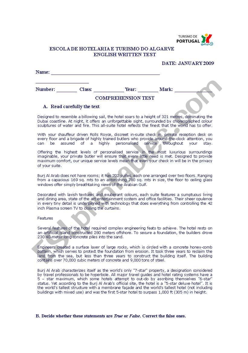 hotel - tourism test - ESL worksheet by prof.alexandra hotel - tourism test - ESL worksheet by prof.alexandra