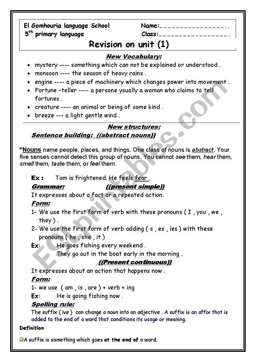 Revision Sheet Unit 1 For Macmillan Grade 5 ESL Worksheet By Solygibaly