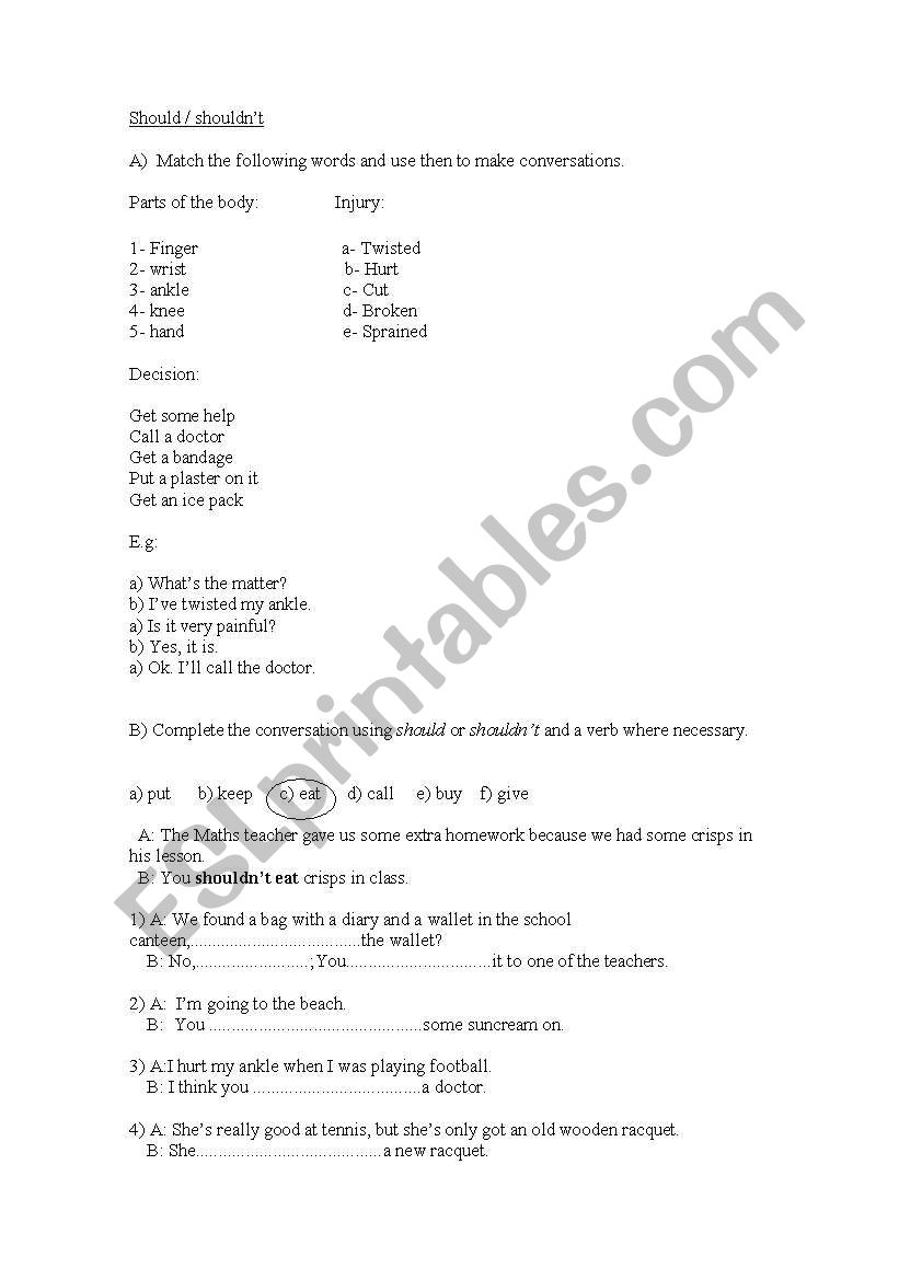 English worksheets: Should/ shouldn´t and parts of the body