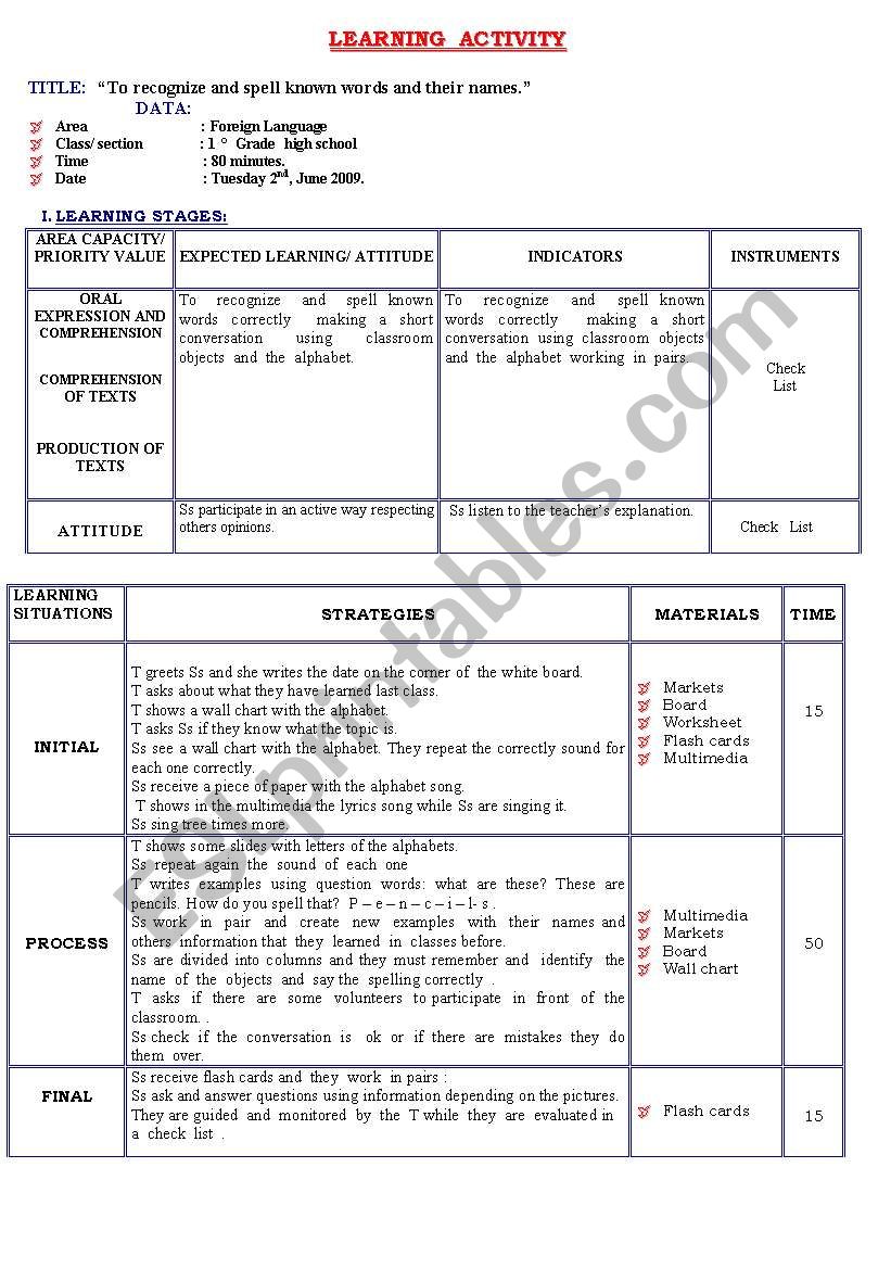 English worksheets: To recognize and spell known words and their names.”
