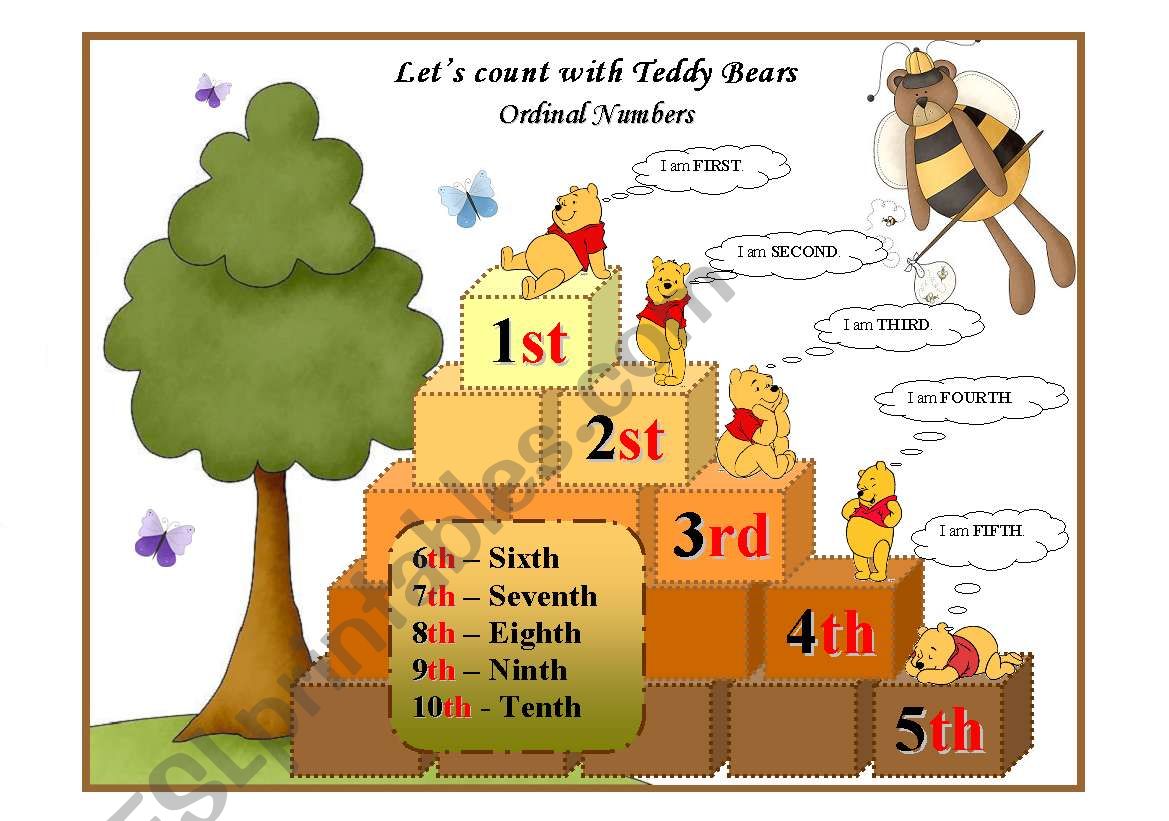Let´s count with Teddy Bears! Ordinal Numbers - ESL worksheet by AnnCii