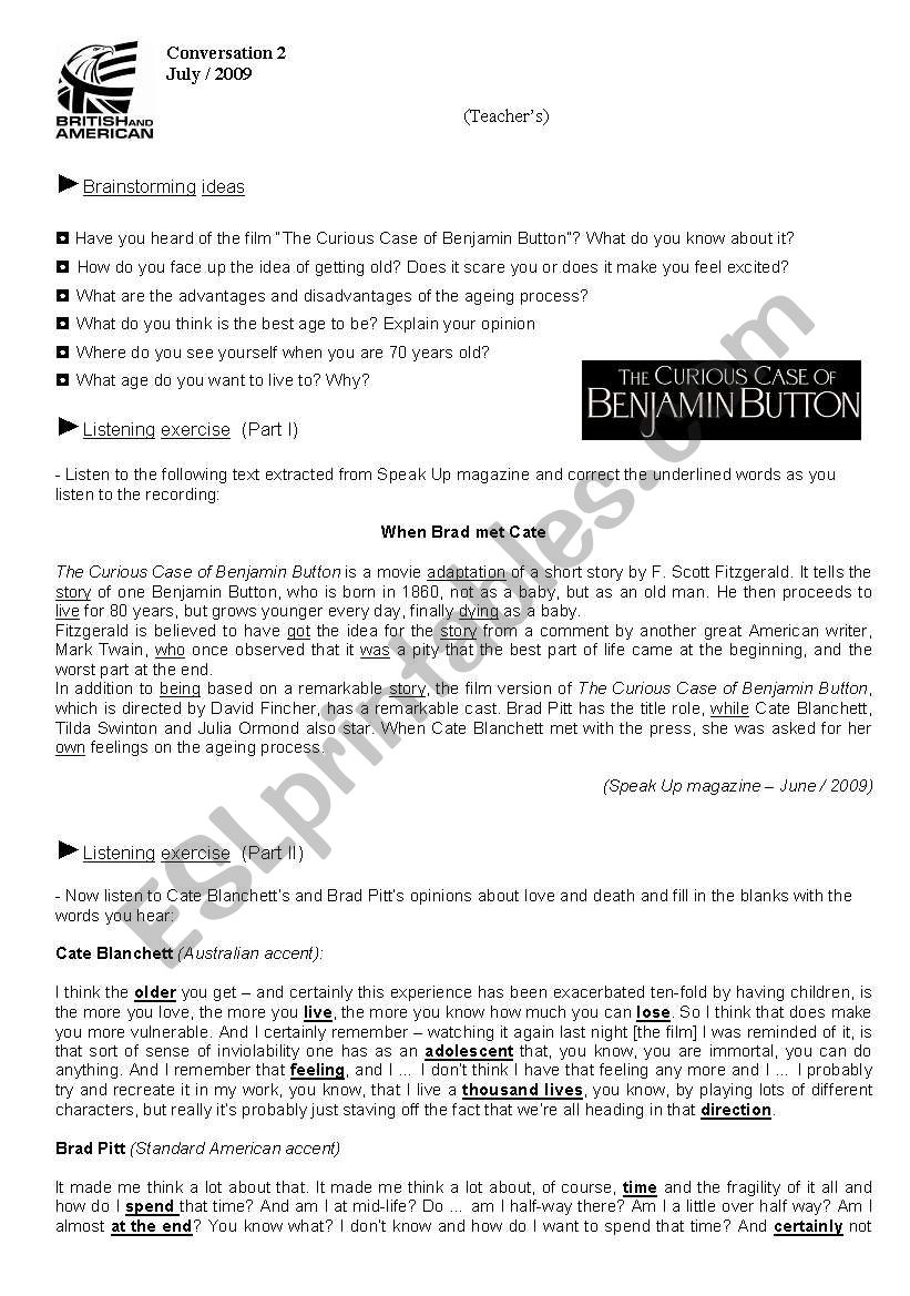 The Curious Case of Benjamin Button (teacher´s) - ESL worksheet by ...