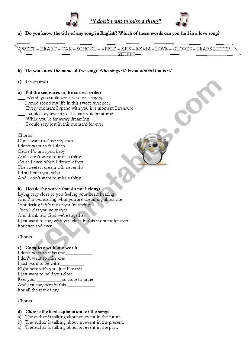 Don´t wanna miss a thing - ESL worksheet by MeliCh