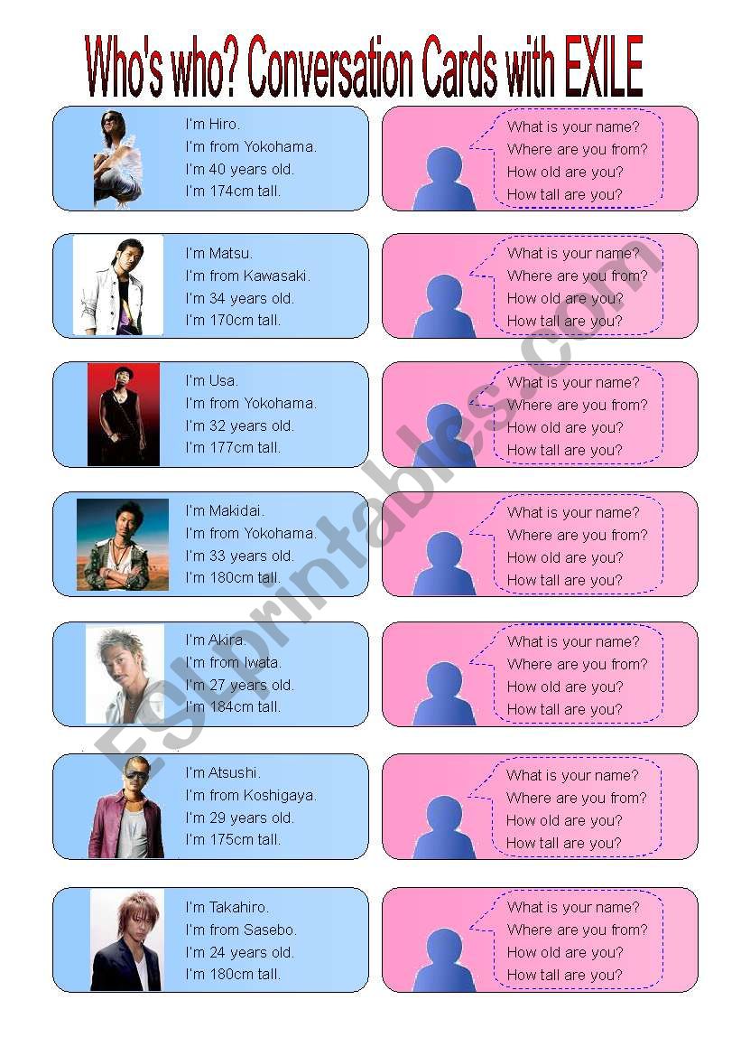 Who´s who? Conversation Cards with EXILE - ESL worksheet by tarokawa2000