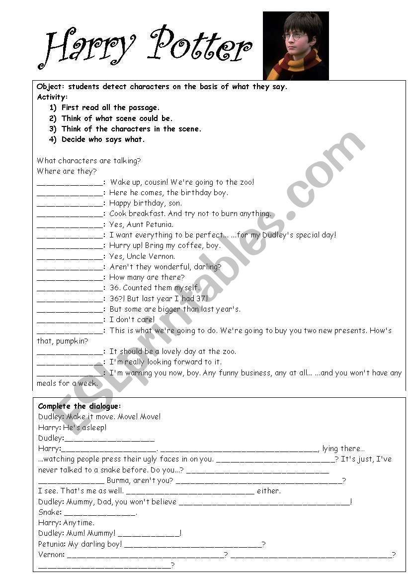 Dialogues in Harry Potter and the Philosopher´s stone - ESL worksheet ...