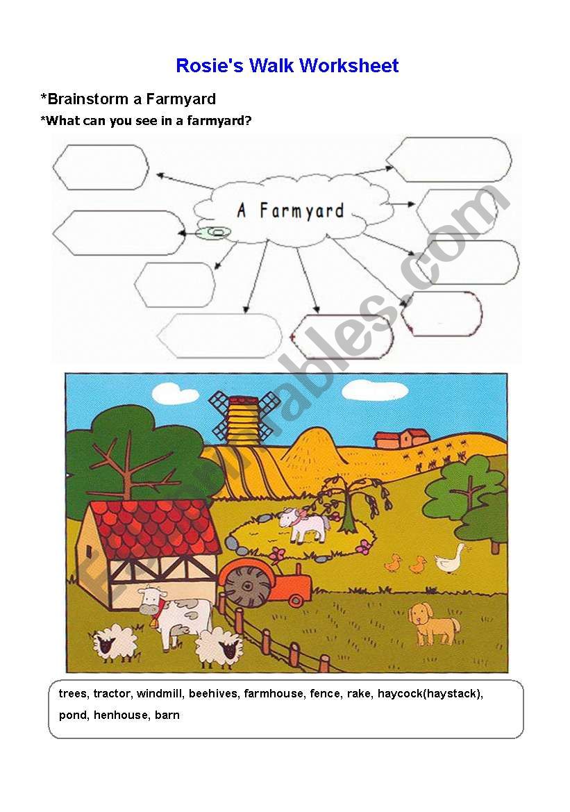 English worksheets: Rosie´s Walk Worksheet(Brainstorming a farmyard)