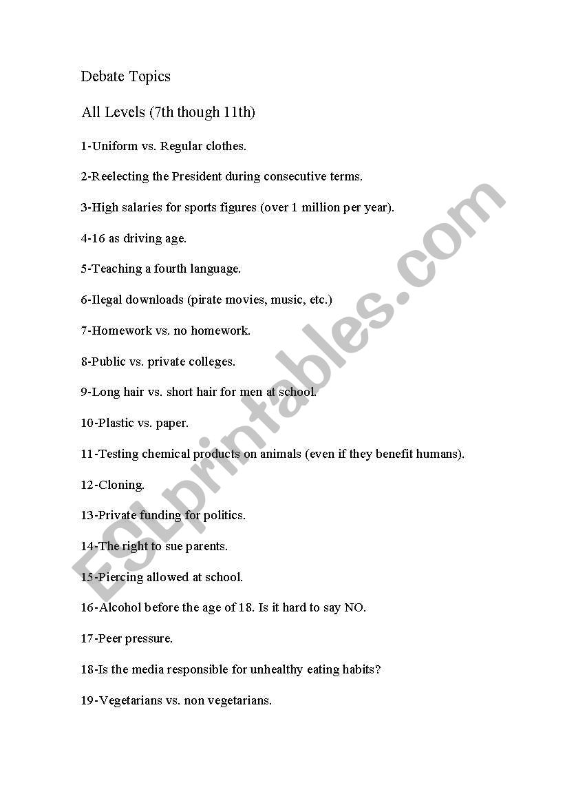 Debate Topics ESL Worksheet By Dianahem