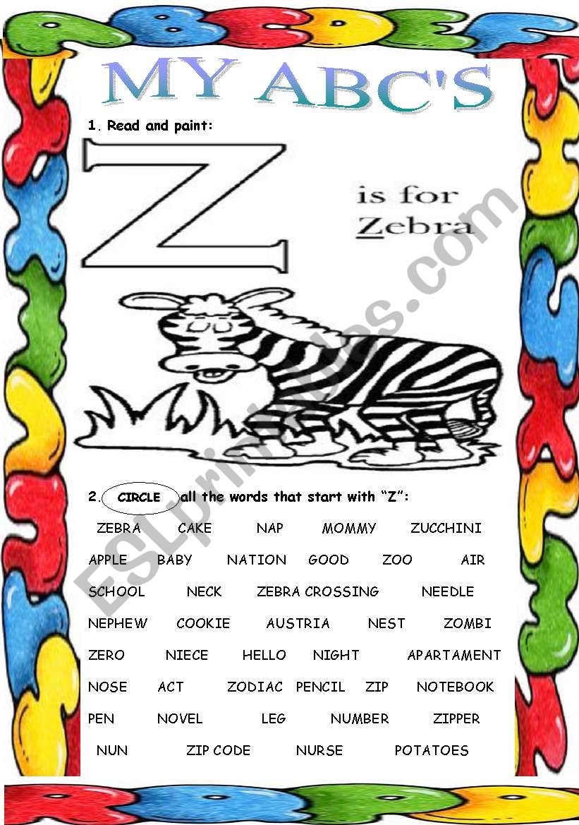 My ABC´s ( Z ) - ESL worksheet by wakebeauty