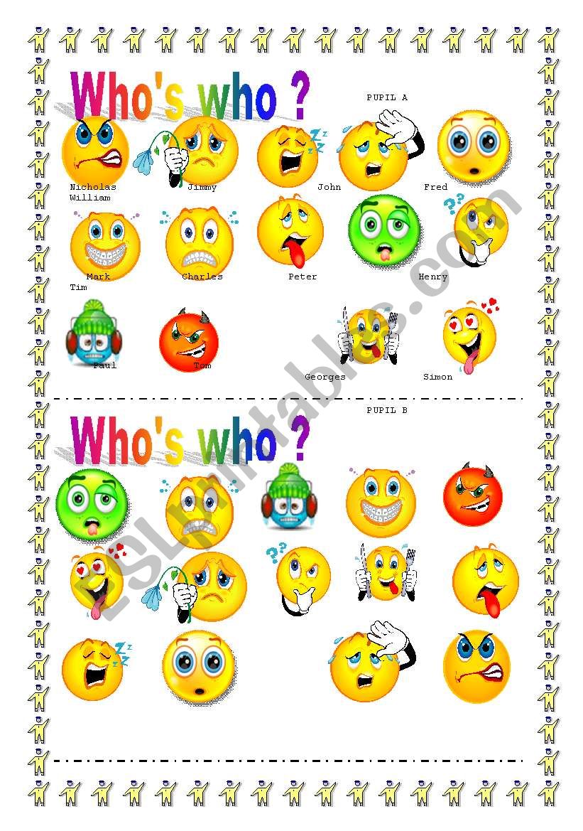 WHO´ WHO ?? Feelings pairwork !!!!!!!!!!!!!!!!!!!!!! - ESL worksheet by ...