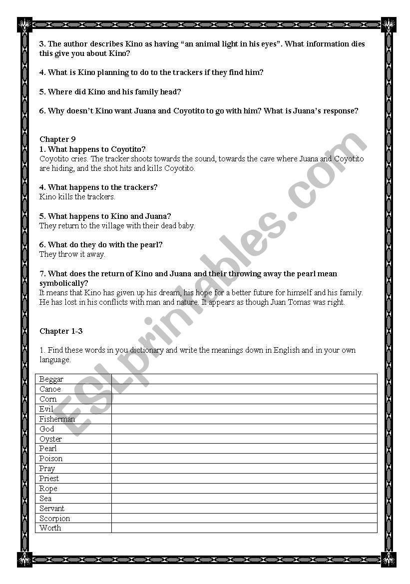 The Pearl Worksheets