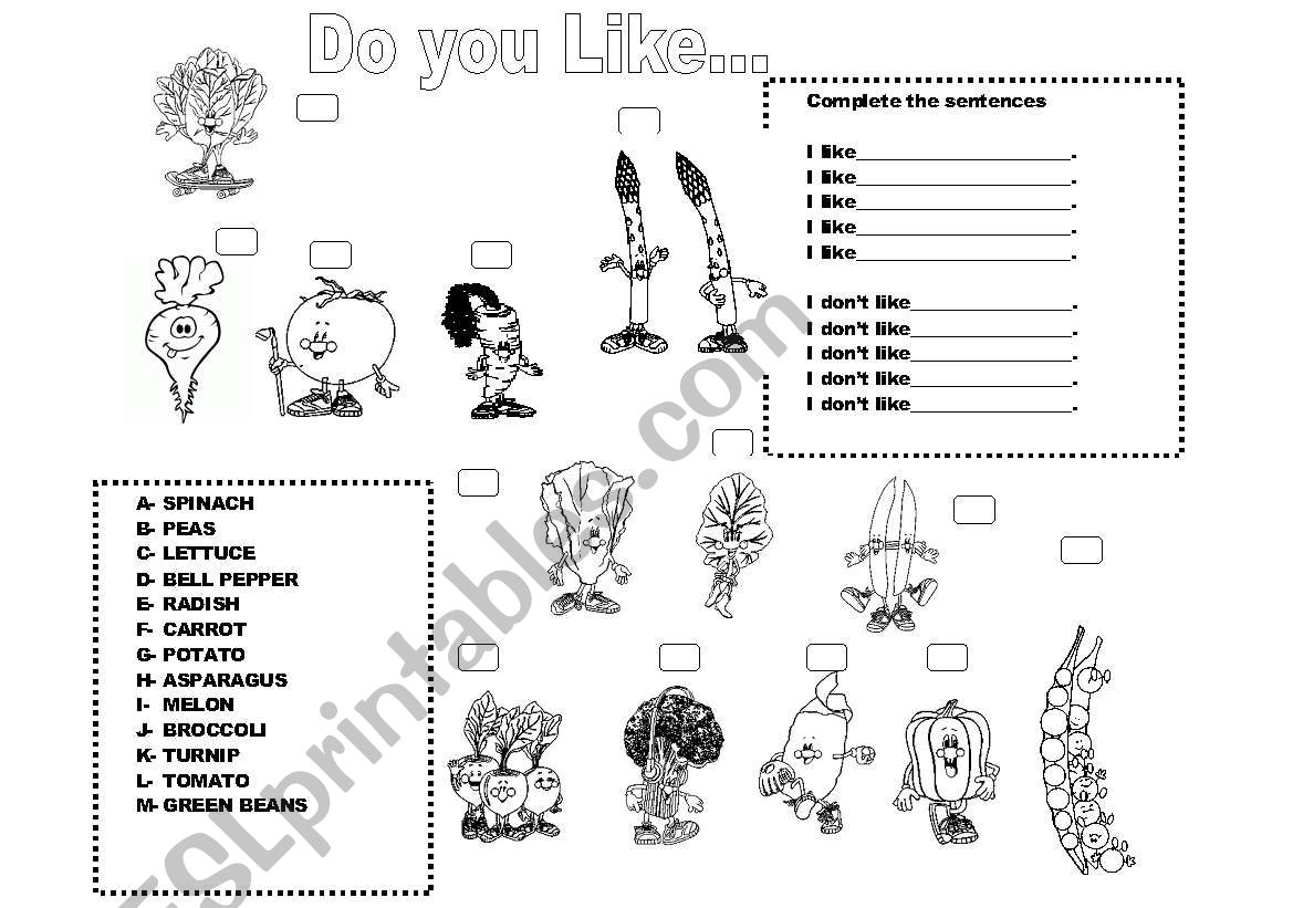I like - I don´t like Complete the sentences and Match the Veggies ...