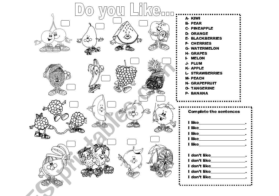 I like I don´t Like Complete the sentences and Match the Fruit - ESL ...