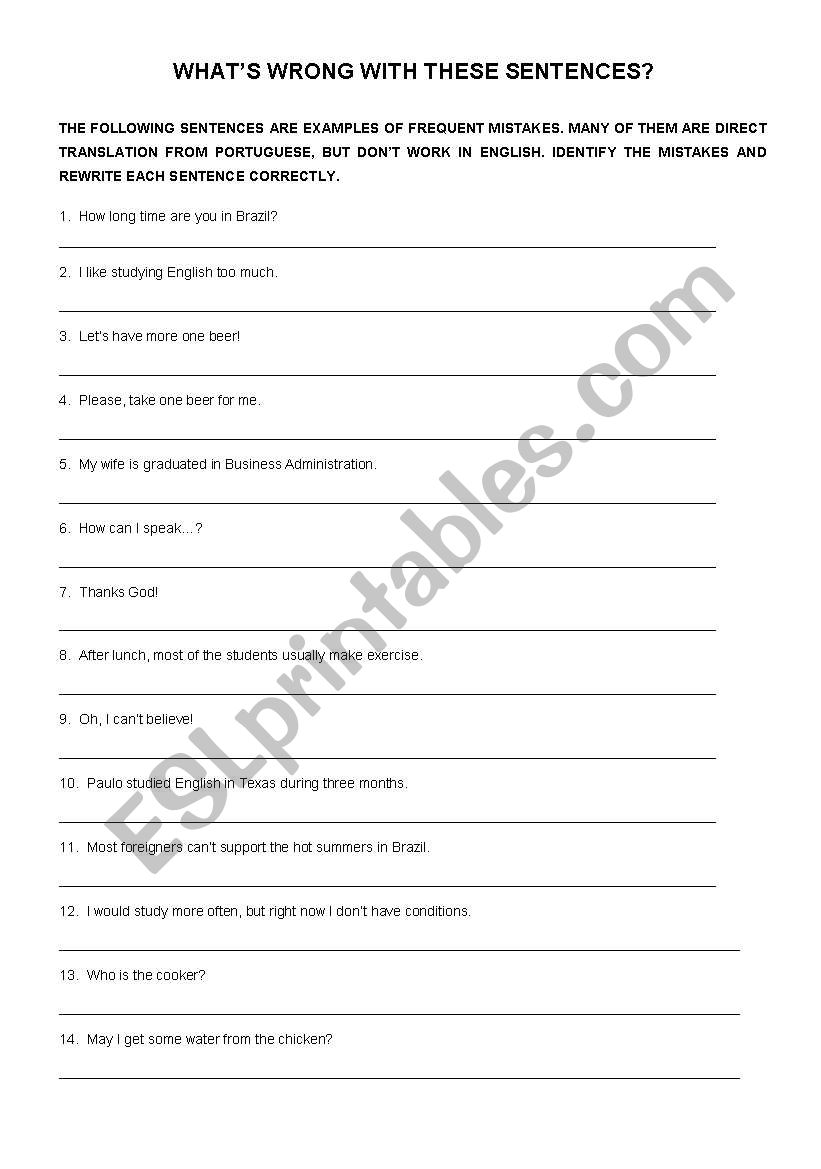 English worksheets: What´s wrong with these sentences?