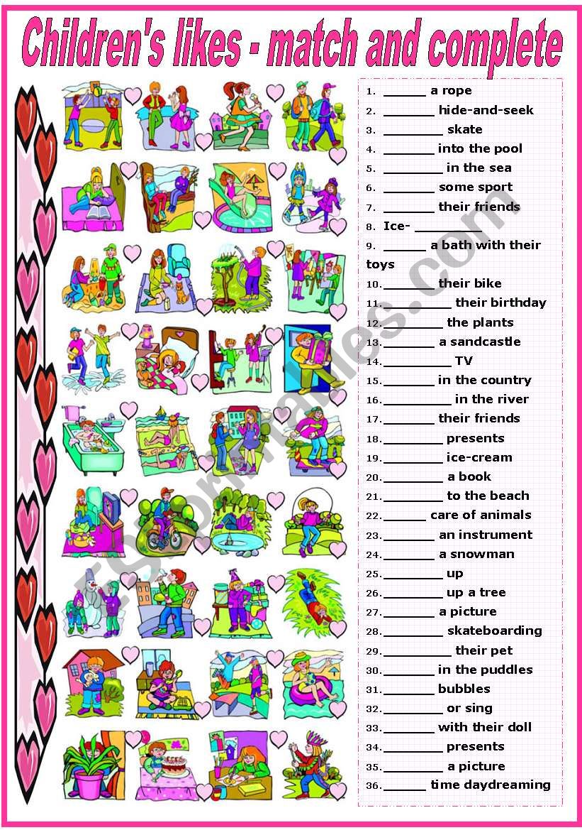 CHILDREN´S LIKES - MATCH AND COMPLETE (B&W VERSION INCLUDED) - ESL ...
