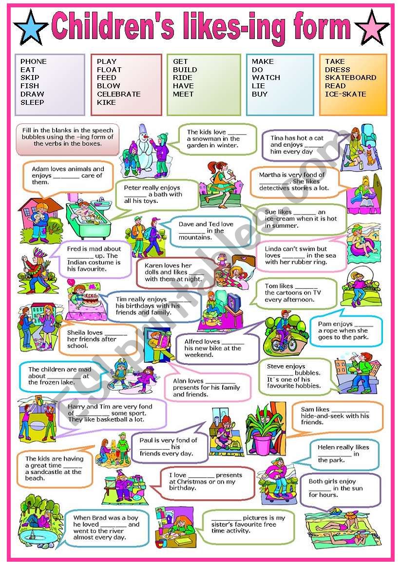 CHILDREN´S LIKES - ING FORM (B &W VERSION INCLUDED) - ESL worksheet by ...