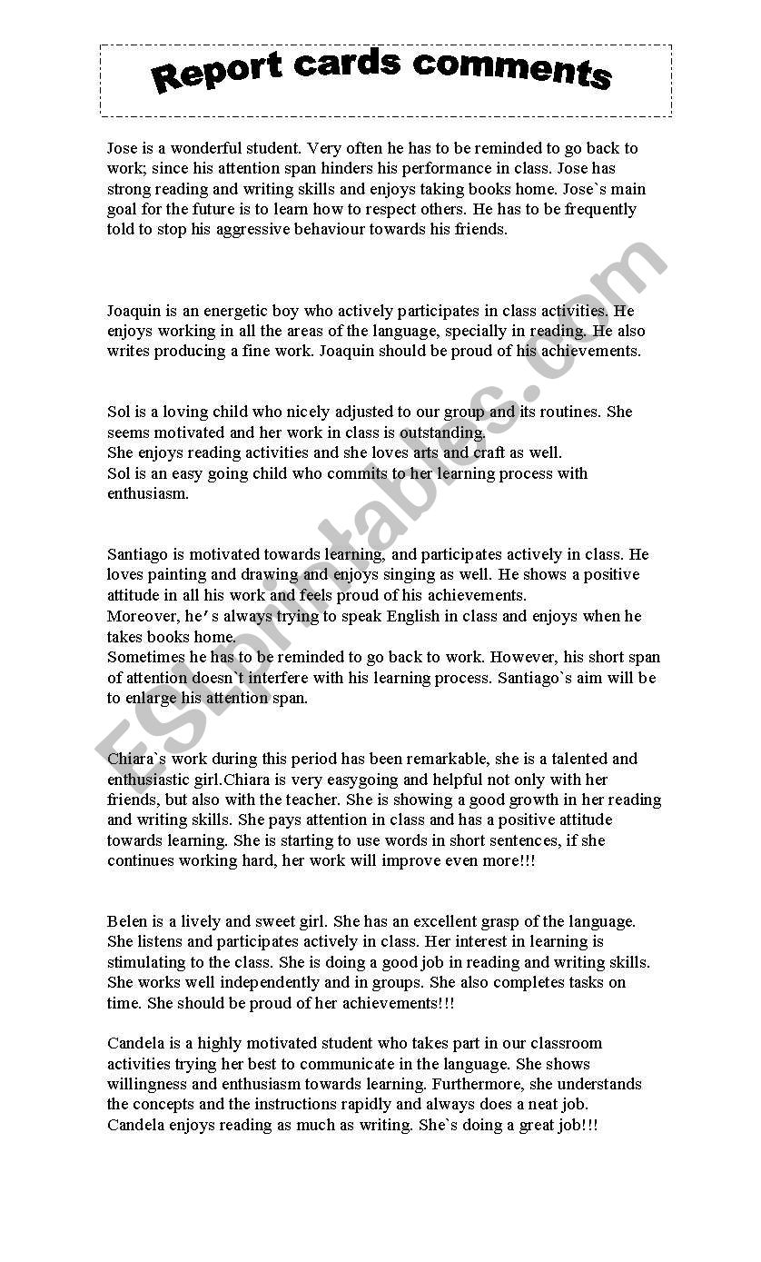 Report Cards Comments ESL Worksheet By Etche