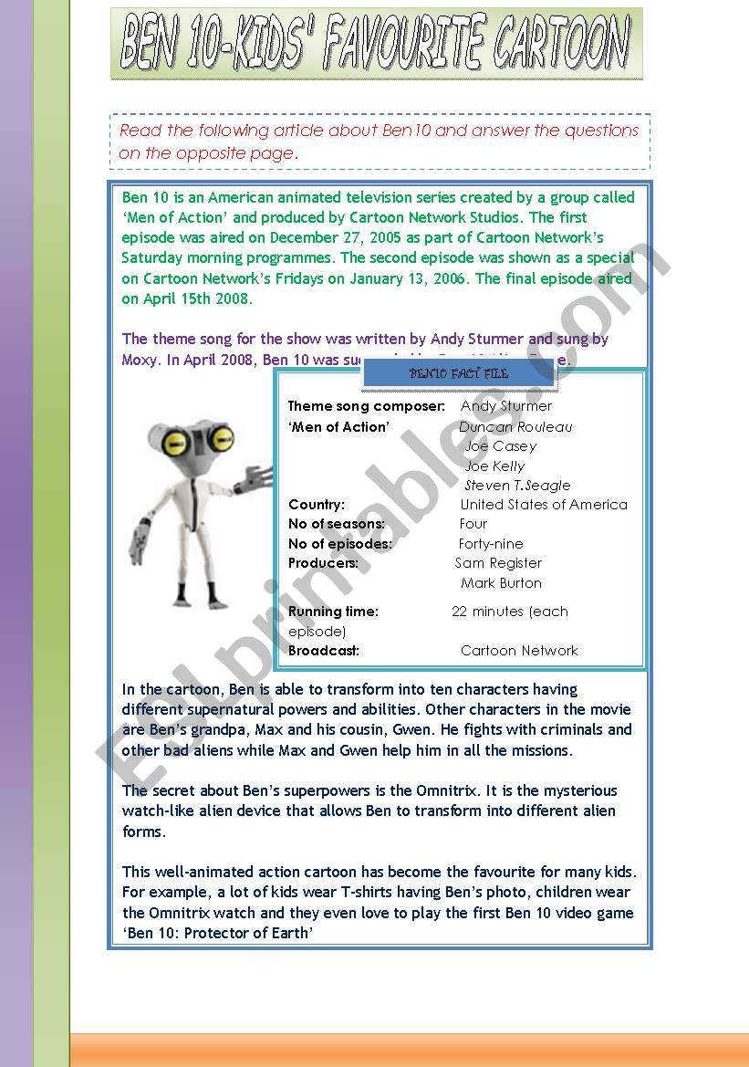 Ben10-KidsÂ´ Favourite Cartoon - ESL worksheet by fsams