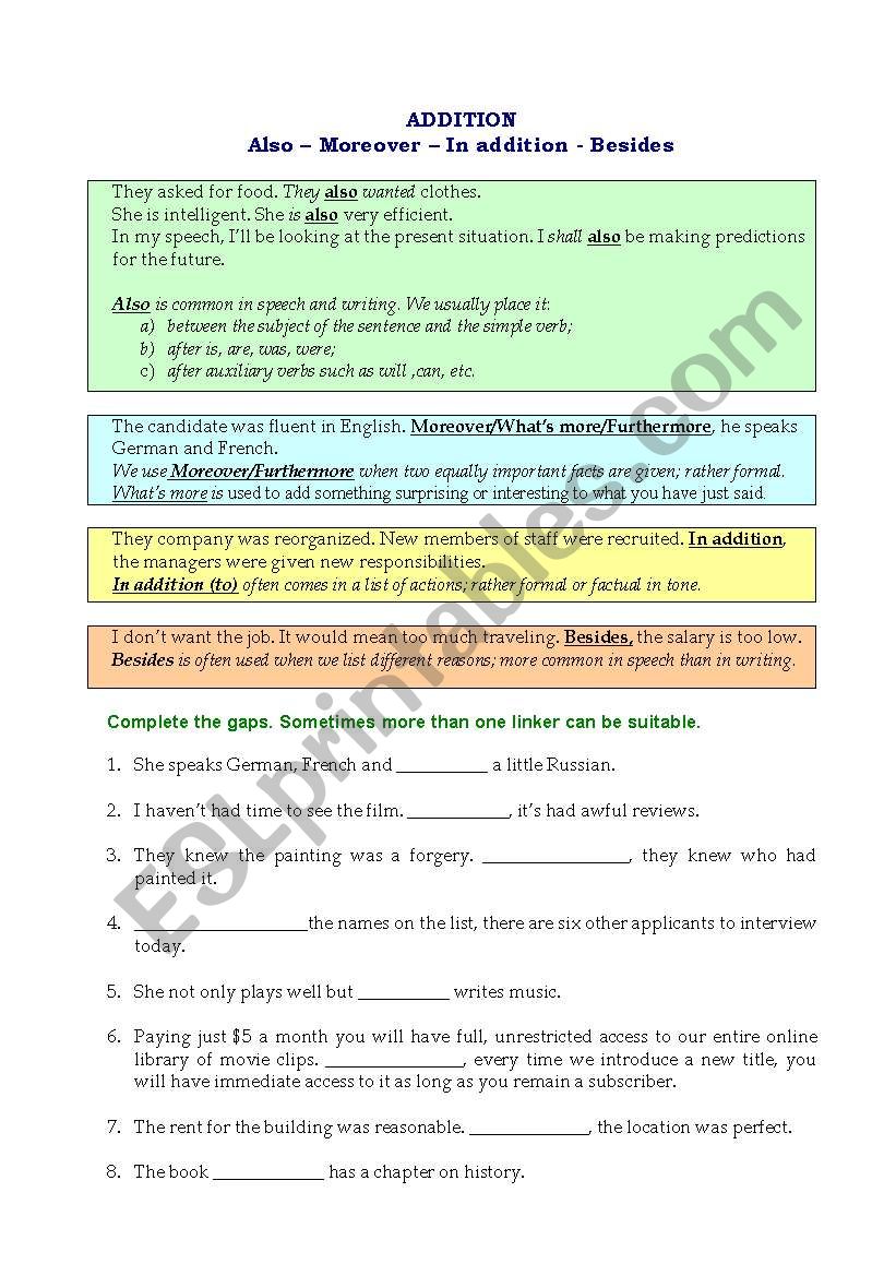 Linkers Also – Moreover – In addition - Besides - ESL worksheet by Mayfair