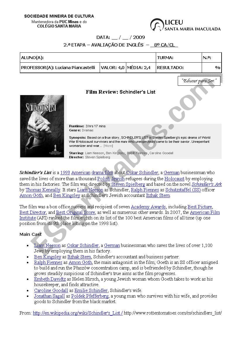 Film review: Schindler´s list - ESL worksheet by luciana7